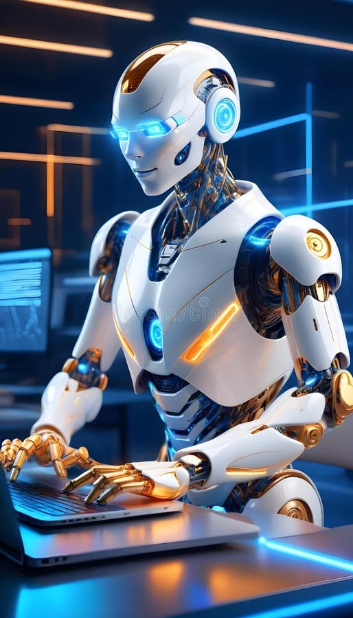 White Humanoid Robot Android Working at a Contemporary Desk with a ...