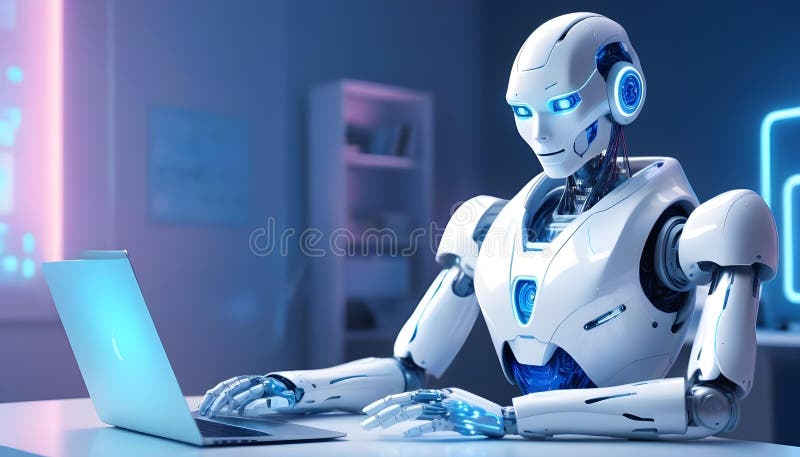 White Humanoid Robot Android Working at a Contemporary Desk with a ...