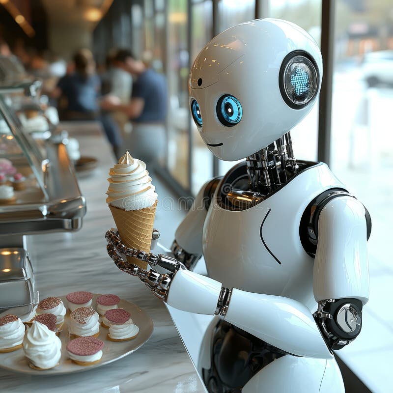 White Humanoid Robot with Artificial Intelligence Holding Ice Cream in ...