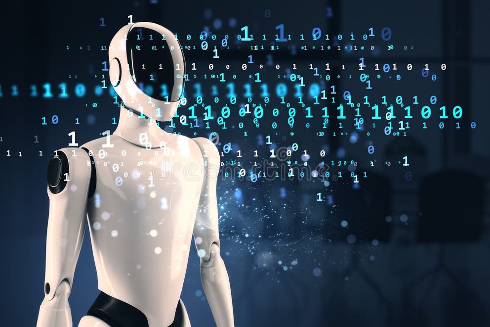 Futuristic Humanoid Robot with Digital Binary Code in a Technology-driven Environment. 3D ...