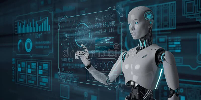 A White Humanoid Robot with Blue Glowing Accents Interacts with a Digital Interface Displaying ...