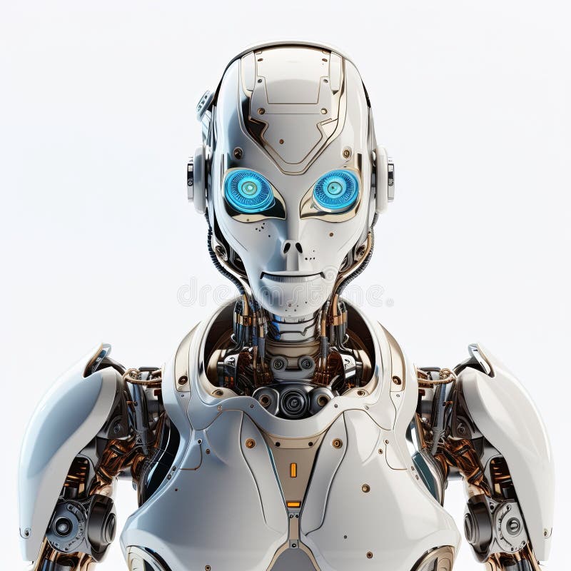 White Humanoid Robot with Blue Illuminated Eyes on White Background ...