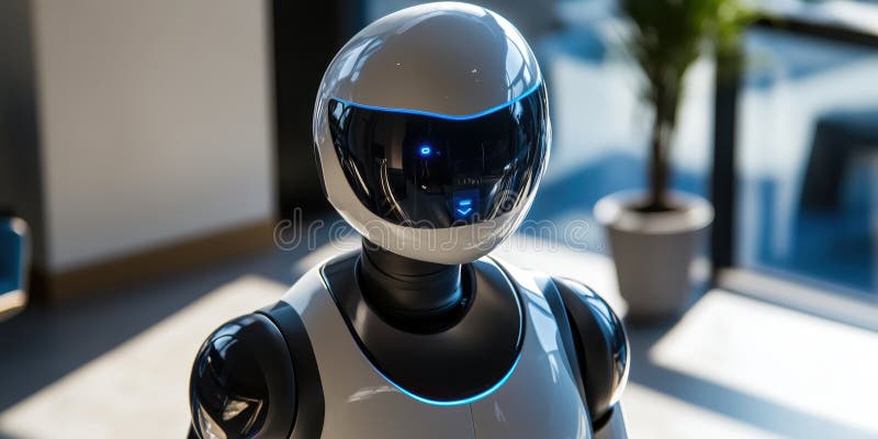 White Humanoid Robot with Blue Lights and a Reflective Visor Stock ...