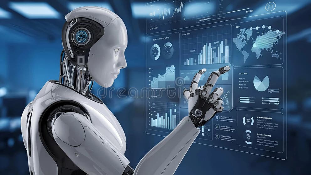 A White Humanoid Robot with a Digital Screen Displaying Charts, Graphs ...