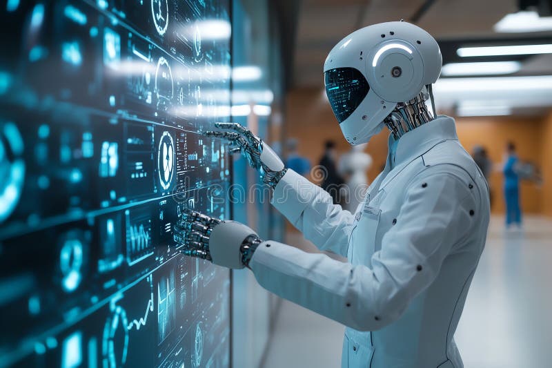 A White Humanoid Robot Dressed in a White Lab Coat Interacts with a ...