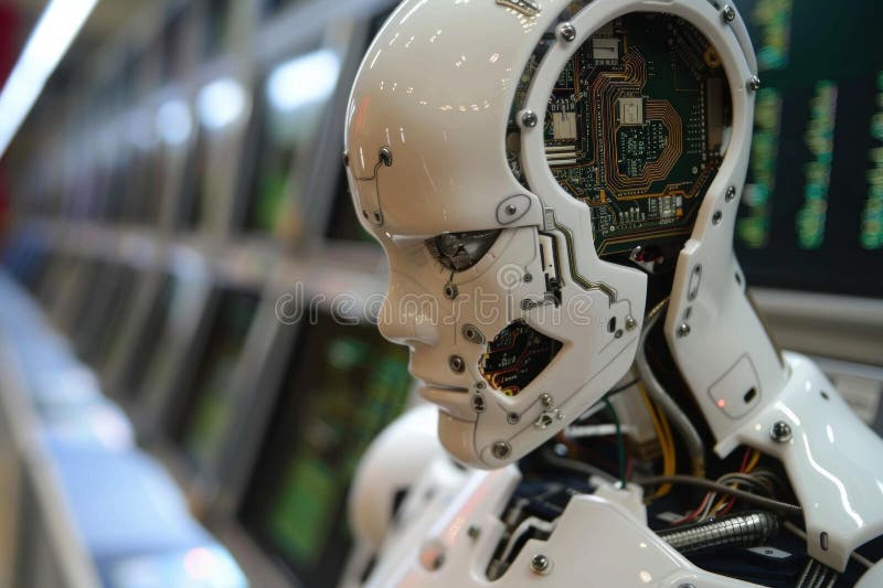 White Humanoid Robot Looking Left with Exposed Circuits Stock Image ...