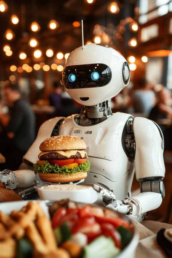 White Humanoid Robot Holding Burger in Restaurant, Artificial ...