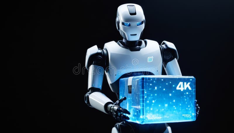 White Humanoid Robot Holding a 4K Display Box in a Dark Setting Stock ...