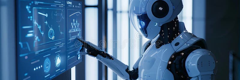 A White Humanoid Robot Interacts with a Touchscreen Display Showcasing ...