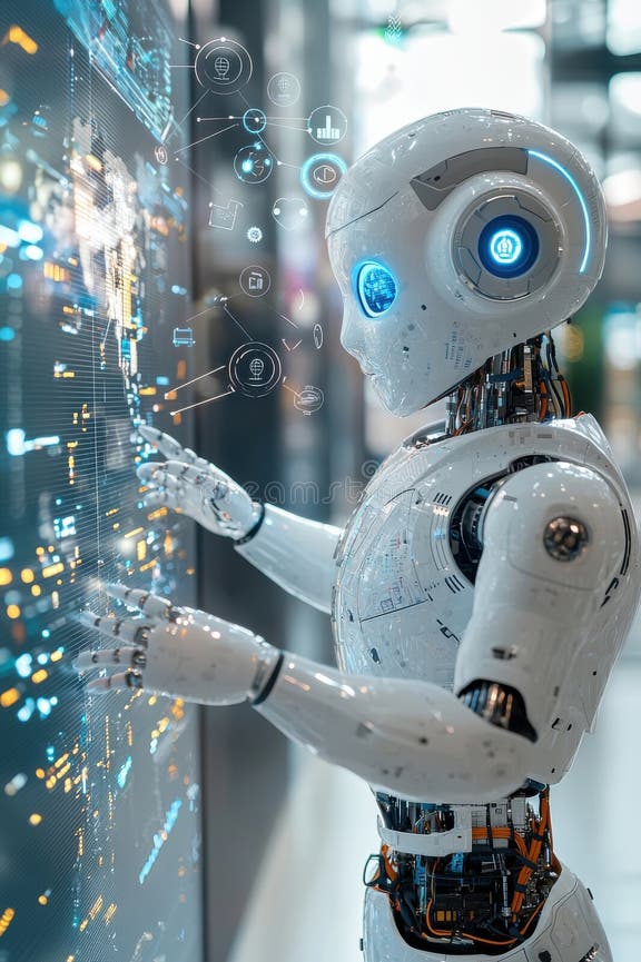White Humanoid Robot Interfacing with Futuristic Holographic Display in ...