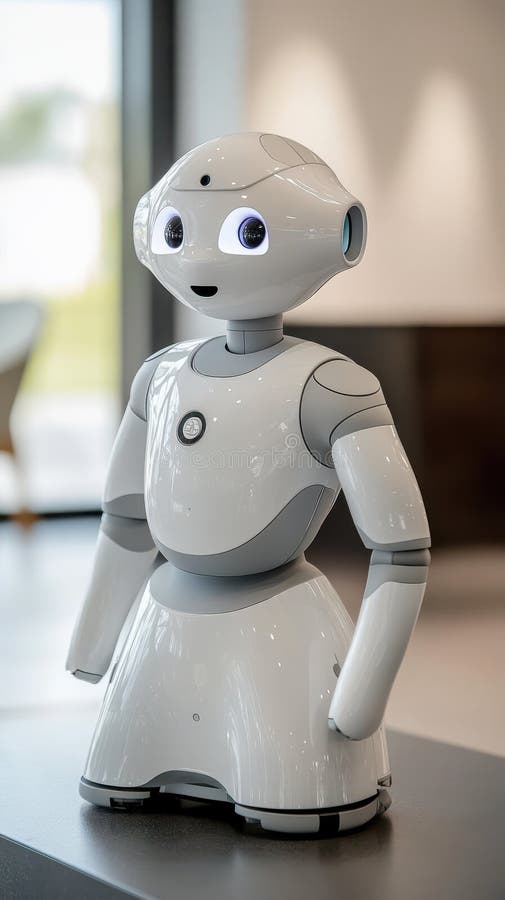 White Humanoid Robot with Large Eyes and Open Mouth Stock Illustration ...