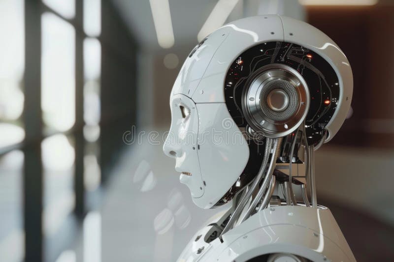 White Humanoid Robot Looking through Window in Modern Office Building ...