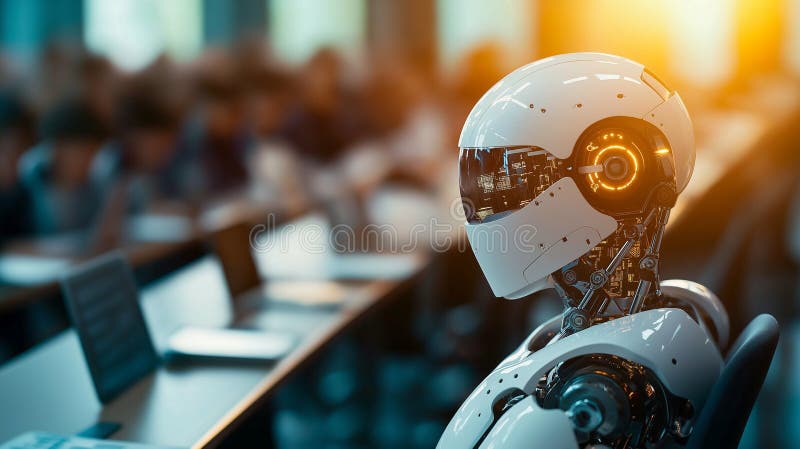 White Humanoid Robot with Open Face Sits in Classroom Observing ...