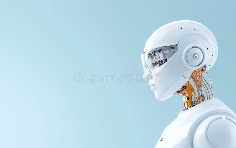White Humanoid Robot Profile Against Light Blue Background Stock ...