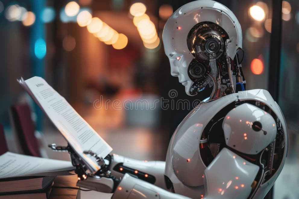 White Humanoid Robot Reading Technical Document in Office Stock ...