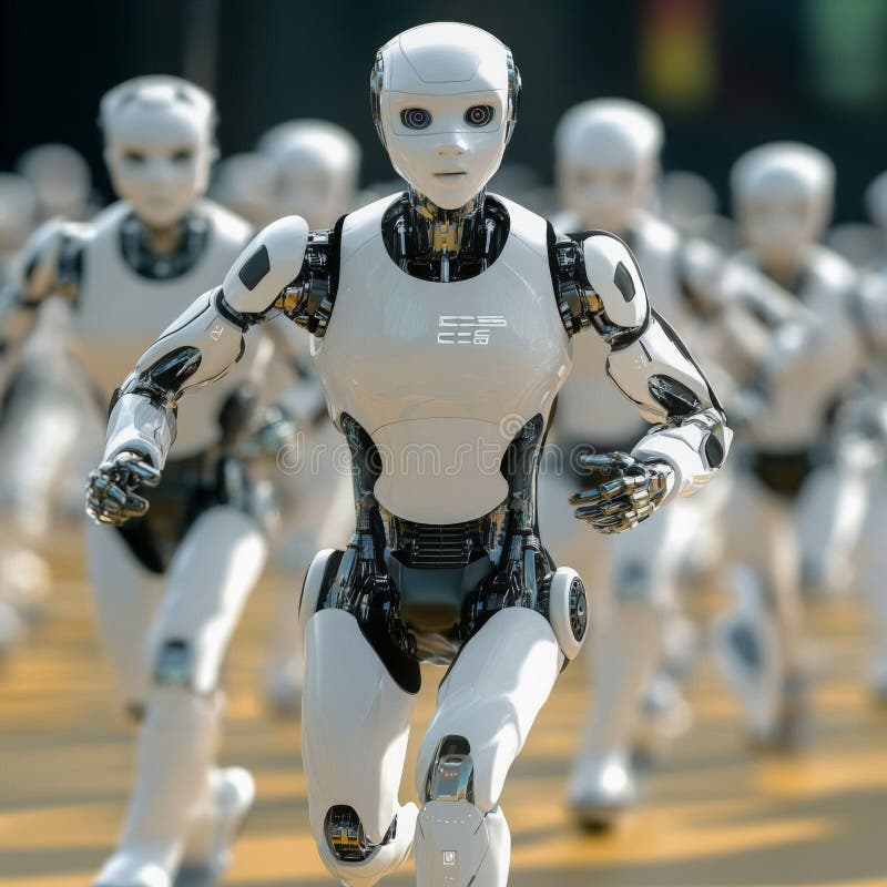White Humanoid Robot Running Forward in a Group of Robots Stock ...