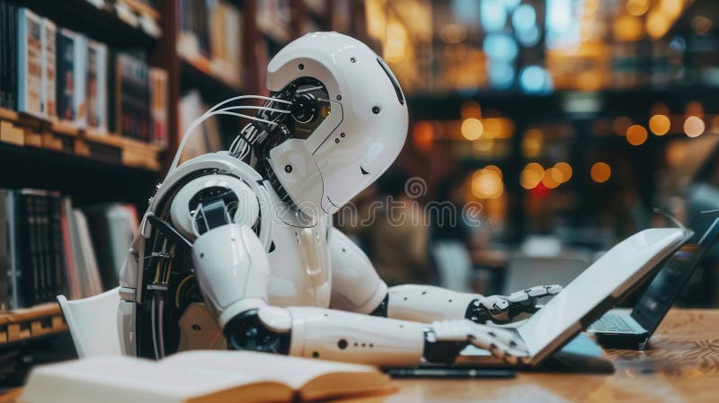 A White Humanoid Robot Sits at a Desk in a Library, Using a Laptop ...