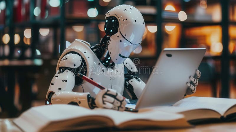 A White Humanoid Robot Sits at a Desk in a Library, Working on a Laptop ...