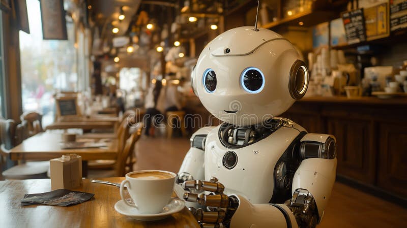 A White Humanoid Robot Sits at a Table in a Cafe, Enjoying a Cup of ...