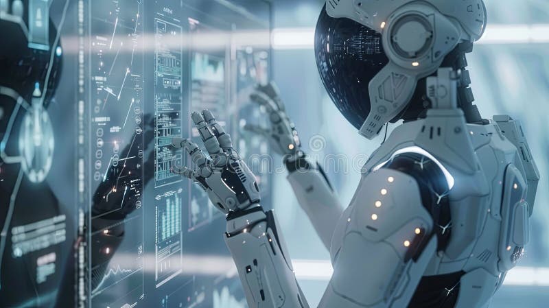 A White Humanoid Robot with a Sleek Design Interacts with a Touchscreen ...