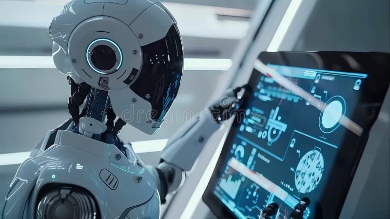 A White Humanoid Robot with a Sleek Design Uses a Touchscreen Interface ...