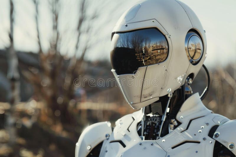 White Humanoid Robot Standing in Nature Reflecting in Visor Stock Image ...