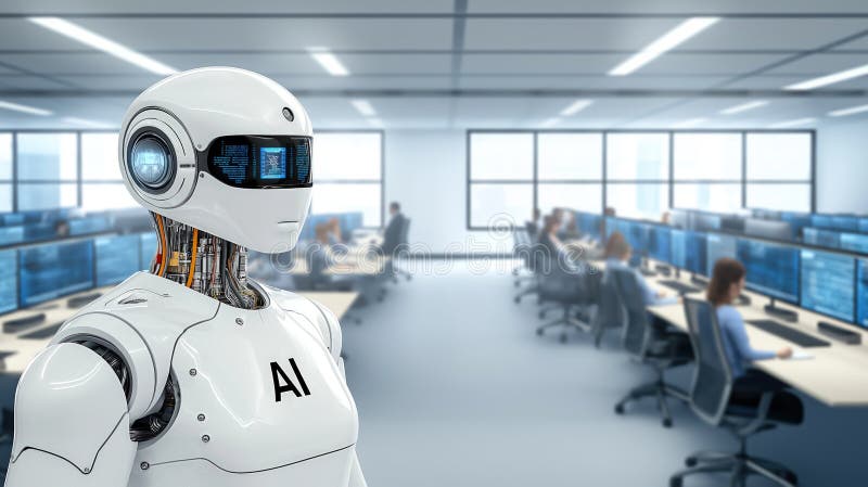 White Humanoid Robot Stands on Blurred Modern Office Background, Copy ...