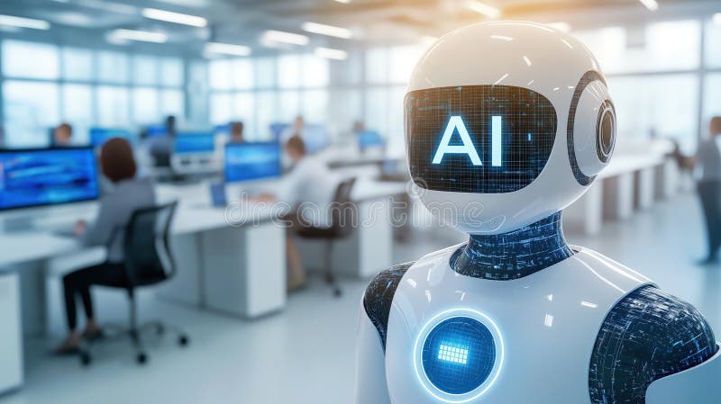 White Humanoid Robot Stands on Blurred Modern Office Background, with ...