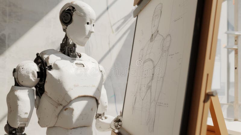 Robot Drawing Human Sketch in Bright Studio Stock Illustration ...