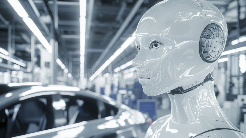 White Humanoid Robot in a Technological Environment Stock Illustration ...