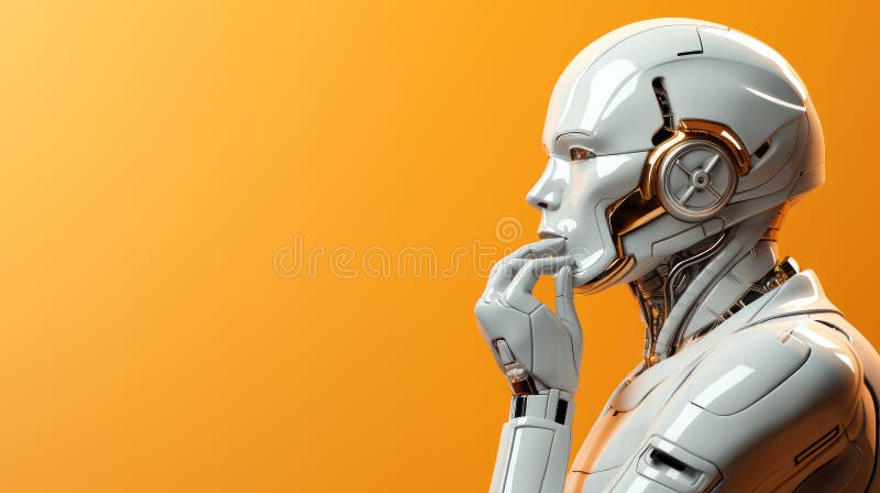 White Humanoid Robot Thinking, Isolated on Yellow Background Stock ...