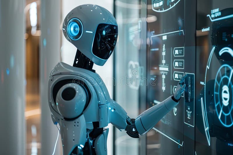 White Humanoid Robot with a Touchscreen, Interacting with Human in ...