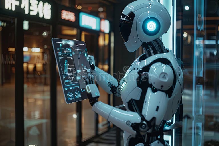 A White Humanoid Robot with a Touchscreen Interface Interacts with a ...