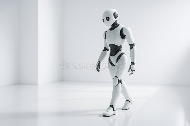 White Humanoid Robot Walking through an Empty White Room Symbolizes ...