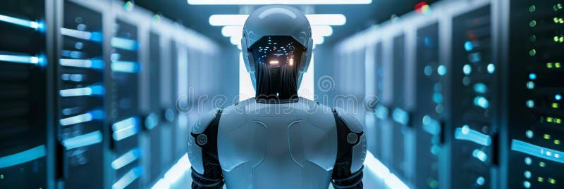 A White Humanoid Robot Walks Down a Hallway of Data Center Servers this ...