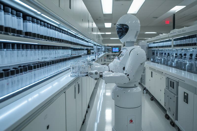 A White Humanoid Robot is Working in a Laboratory, Sorting through ...