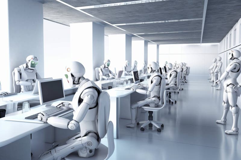 White Humanoid Robots Sitting at Table in White Office, Working with a ...
