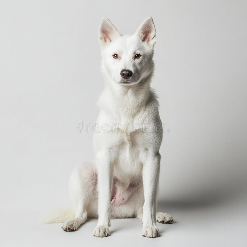 White Husky Dog Sitting Against Plain Background Stock Photos - Free ...