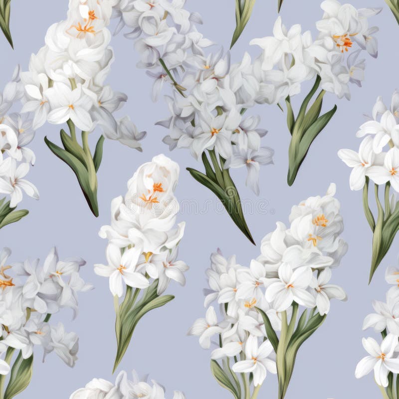 White Hyacinths on Light Blue Background. Seamless Watercolor Pattern ...