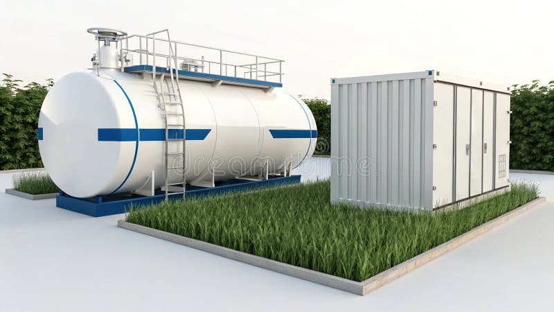 White Hydrogen Storage Tank with Blue Stripes and a Container on a ...