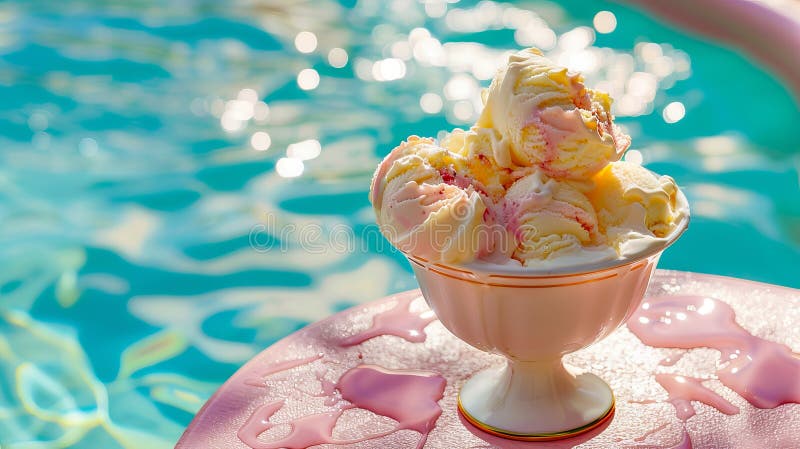 A White Ice Cream Cone Sitting on a Table Near a Pool Stock Image ...