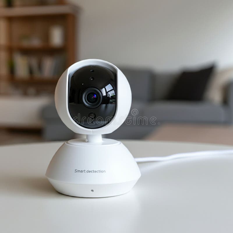 White Indoor Security Camera with "Smart Detection" Label Sits on a ...