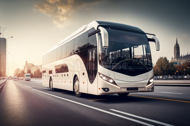 White Intercity Bus Rides on Highway. Stock Image - Image of transport ...