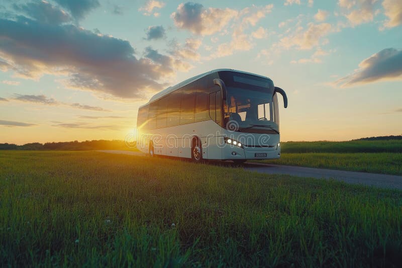 White Intercity Bus Travels through Green Fields at Sunset with Clouds ...