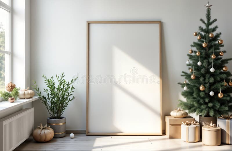 White Interior with Christmas Tree, Empty Frame. Modern Home Decor ...