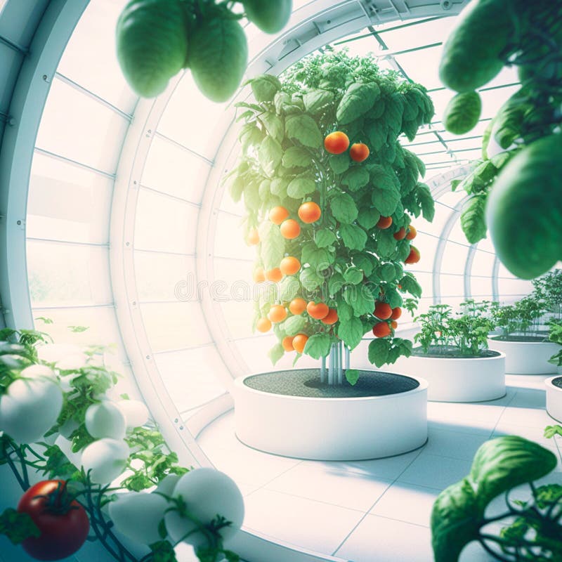 White Interior of a Large Vertical Round Farm with Tomatoes, Generative ...