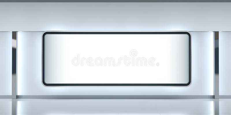 White Interior with a Rectangular Display Screen and Reflective Floor ...