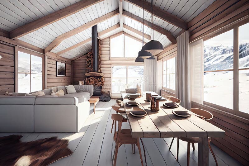 White Interior with Soft Sofas and Big Dining Table on Chalet in ...