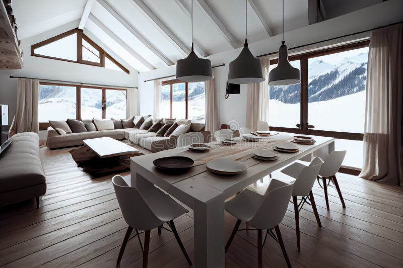 White Interior with Soft Sofas and Big Dining Table on Chalet in ...