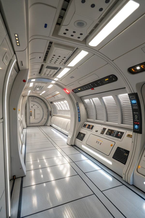 White Interior of a Spaceship with Lighting in Perspective, 3D Stock ...